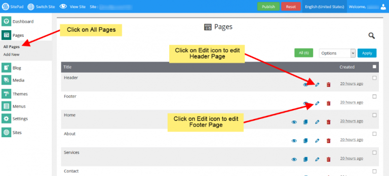 Edit Header and Footer – SitePad