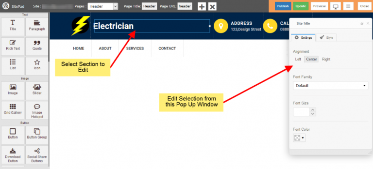 Edit Header and Footer – SitePad